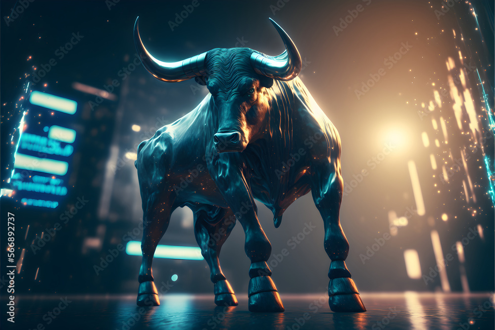 3d bull statue standing as a representation of market rise or shares ...
