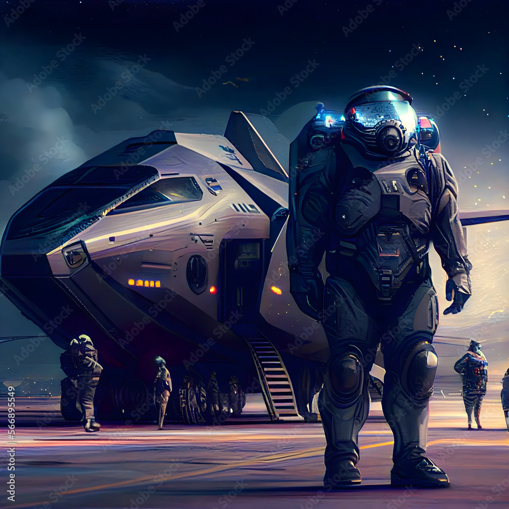 Space policeman on the departure apron, spaceships taking off ...