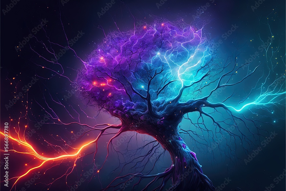 Neurons, synapses, bright colors, lightning bolts, stars, linkedin ...