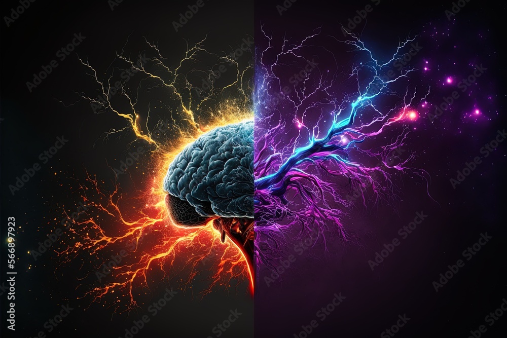 Neurons, synapses, bright colors, lightning bolts, stars, linkedin ...