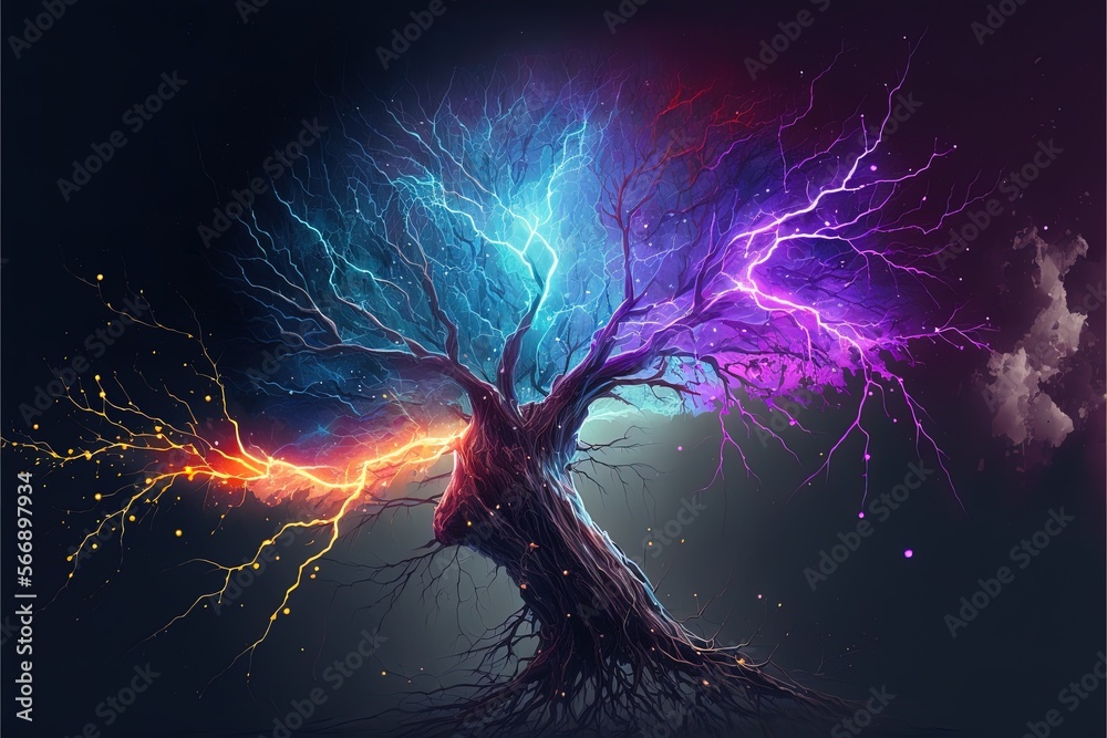 Neurons, synapses, bright colors, lightning bolts, stars, linkedin ...
