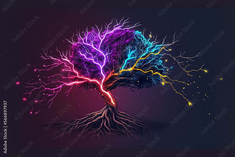 Neurons, synapses, bright colors, lightning bolts, stars, linkedin ...