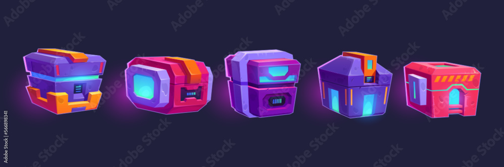 Game futuristic boxes, future technology chests. Icons of sci-fi ...