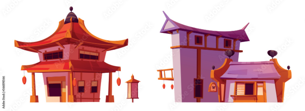 Cartoon set of Chinese houses or shops isolated on white background ...