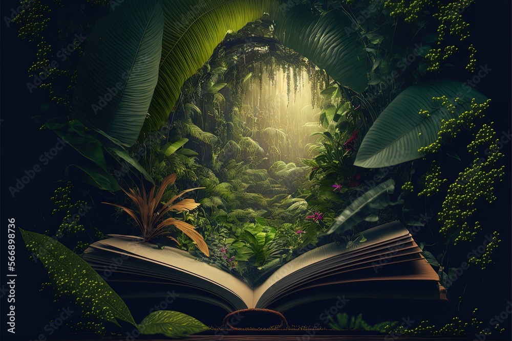 A tropical rainforest jungle with parrot, bird, monkey, wolf appearing ...