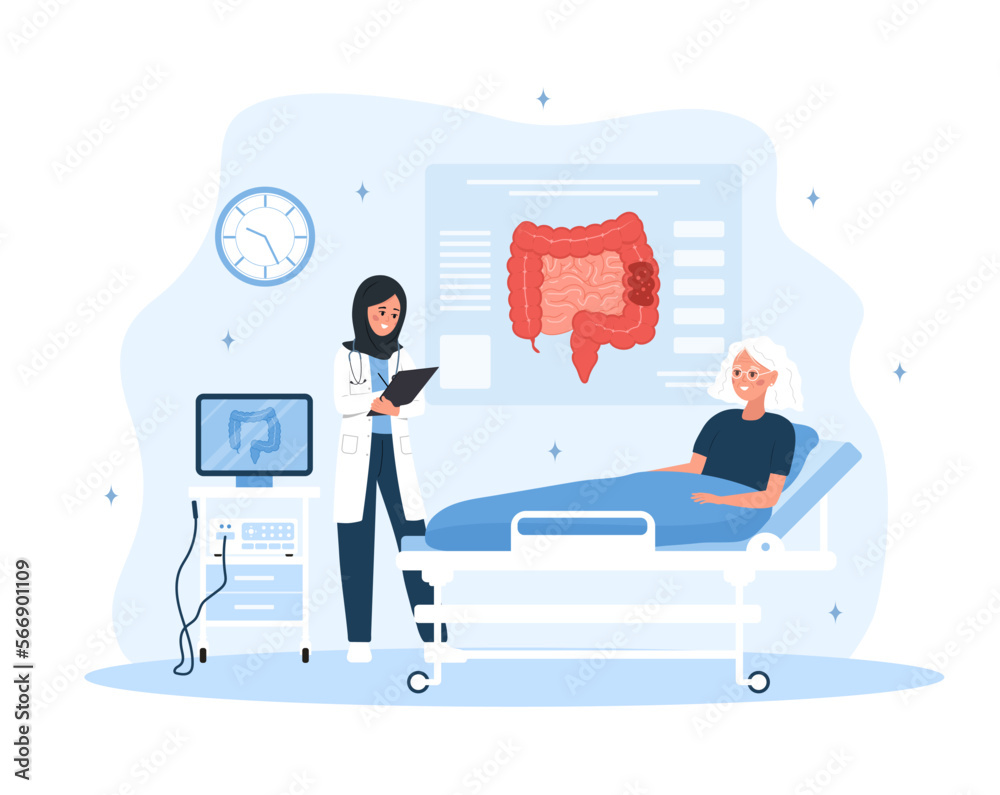Stockvector Colonoscopy concept. Arabian female proctologist examine ...
