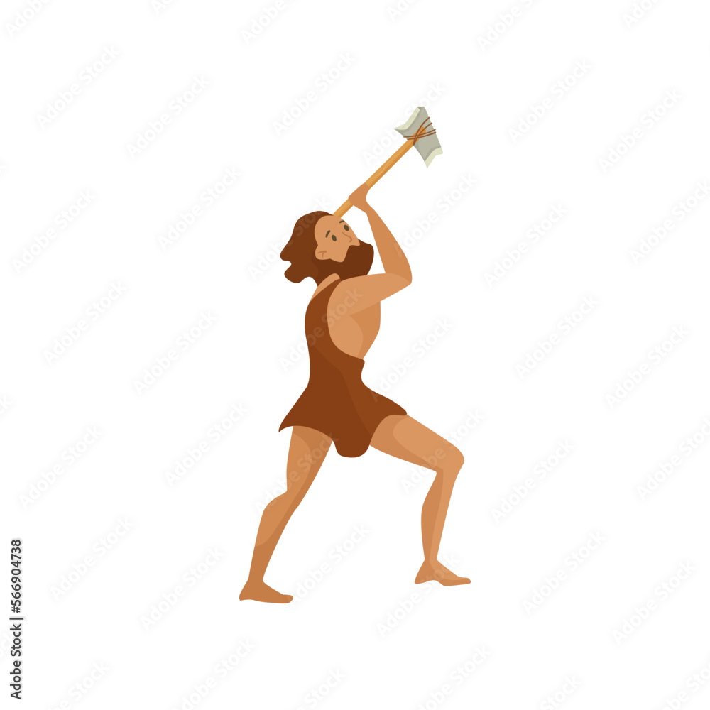 Prehistoric man with axe vector illustration. Ancient man hunting on ...