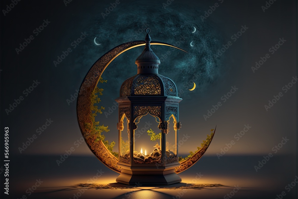 Ramadan lantern with crescent moon on night sky background. Generative ...