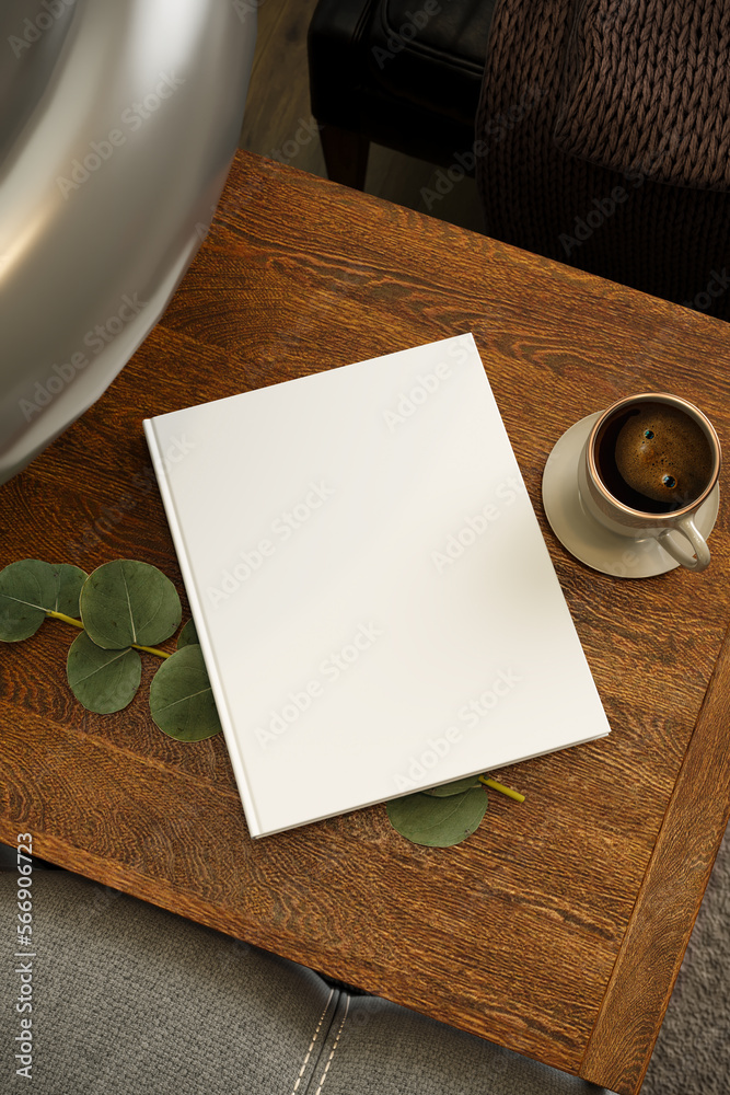 3d illustration of blank book cover on table in modern living room ...