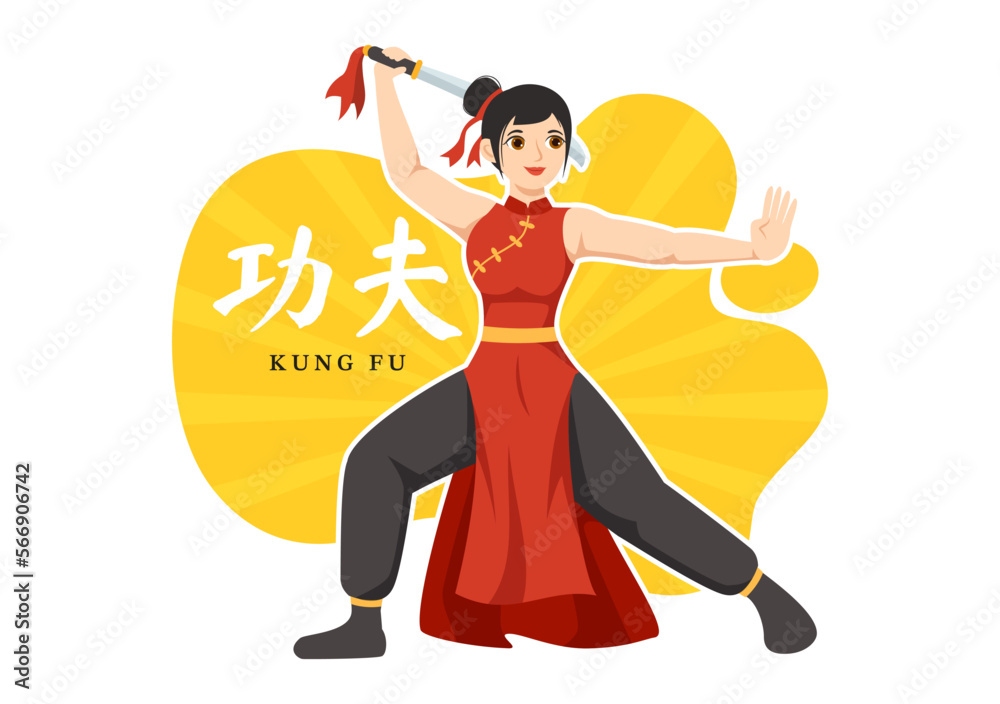 Kung Fu Illustration with People Showing Chinese Sport Martial Art in ...