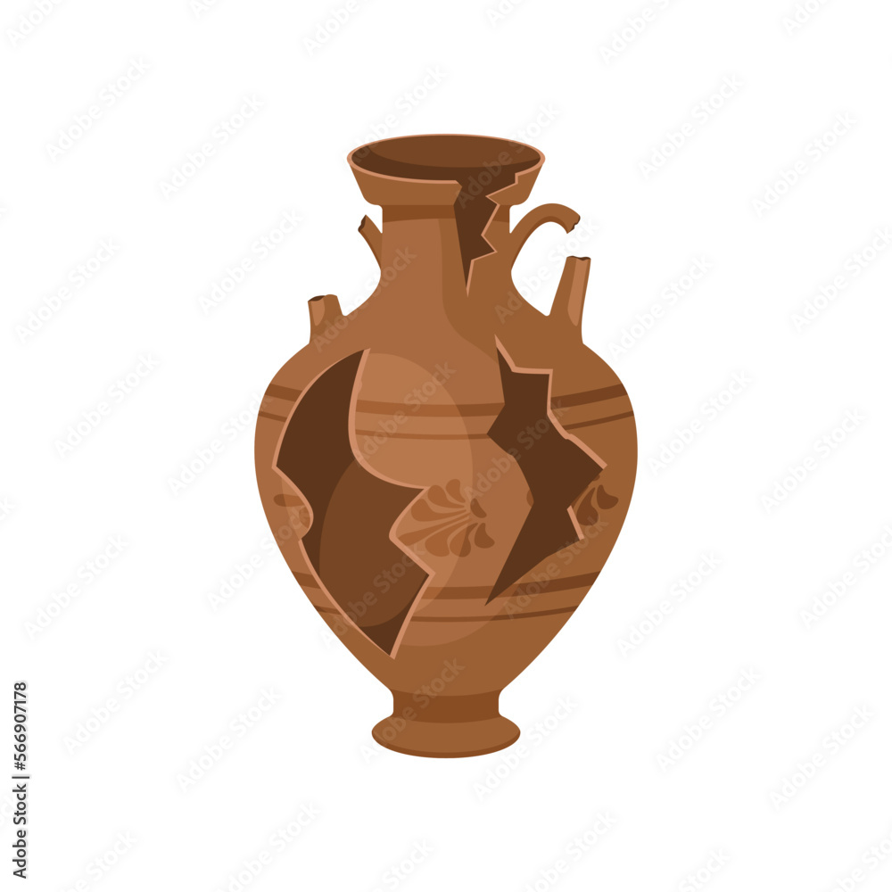 Old brown broken cracked vase illustration. Cartoon drawing of antique ...