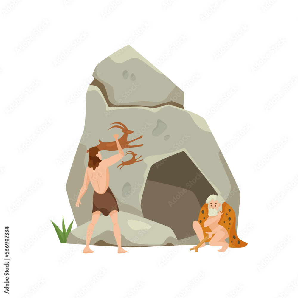 Prehistoric people near cave vector illustration. Ancient men sitting ...
