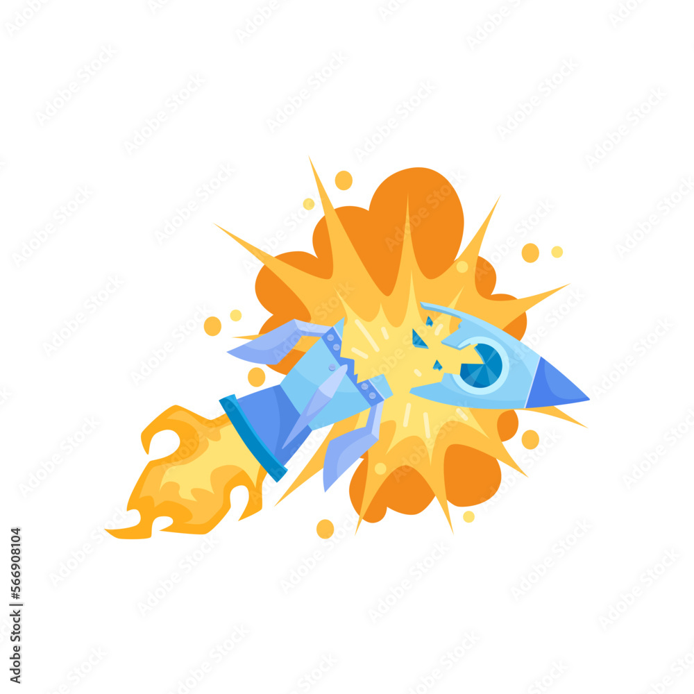 Broken blue spaceship on fire exploding vector illustration. Crashing ...