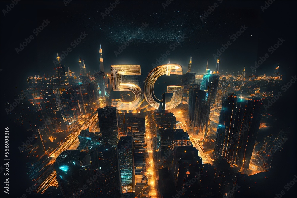 Night futuristic city. 5G internet network. Concept of high speed next ...