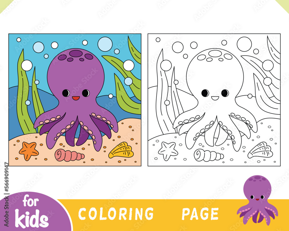 Coloring page, Cute octopus and sea background ocean floor Stock Vector ...