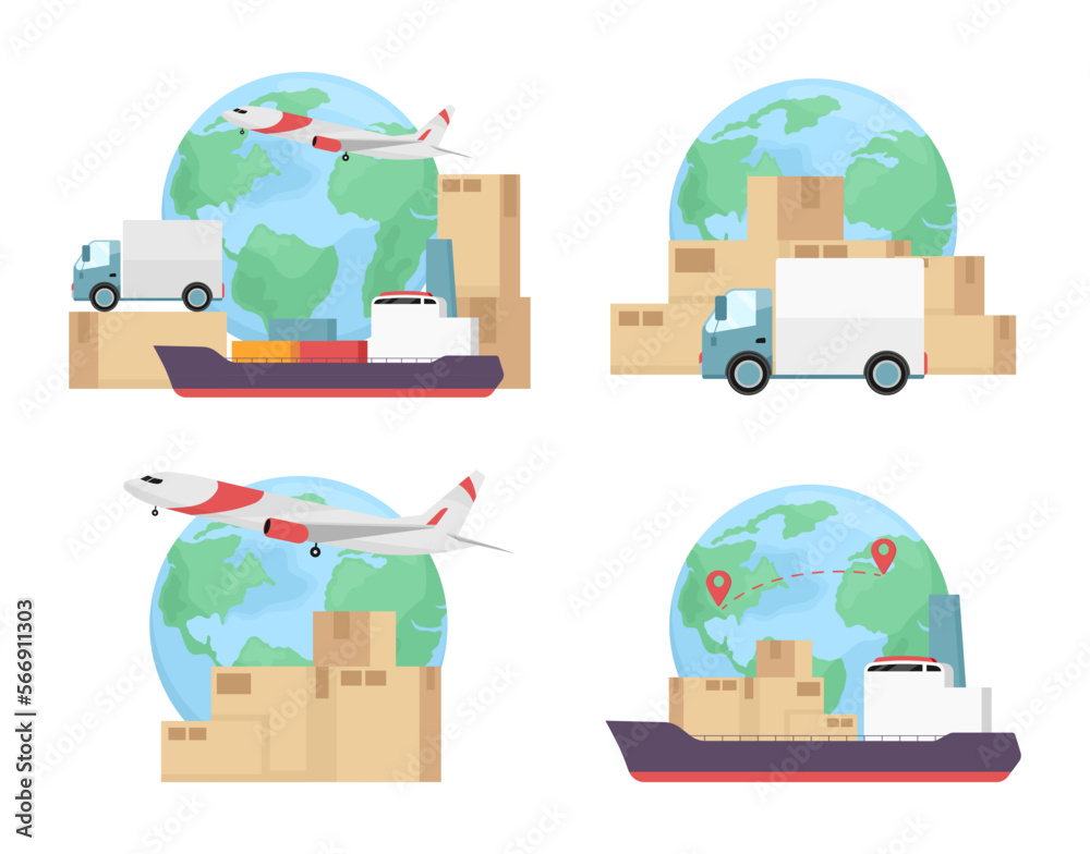 Freight shipping modes flat concept vector illustration set. Logistics ...