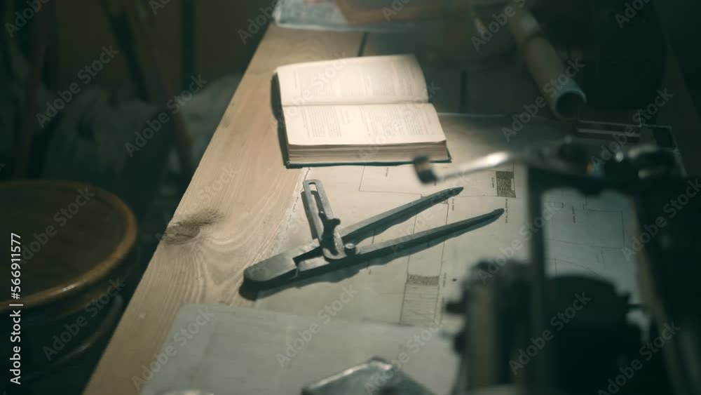 In the twilight, the table of an ancient archaeologist, explorer ...