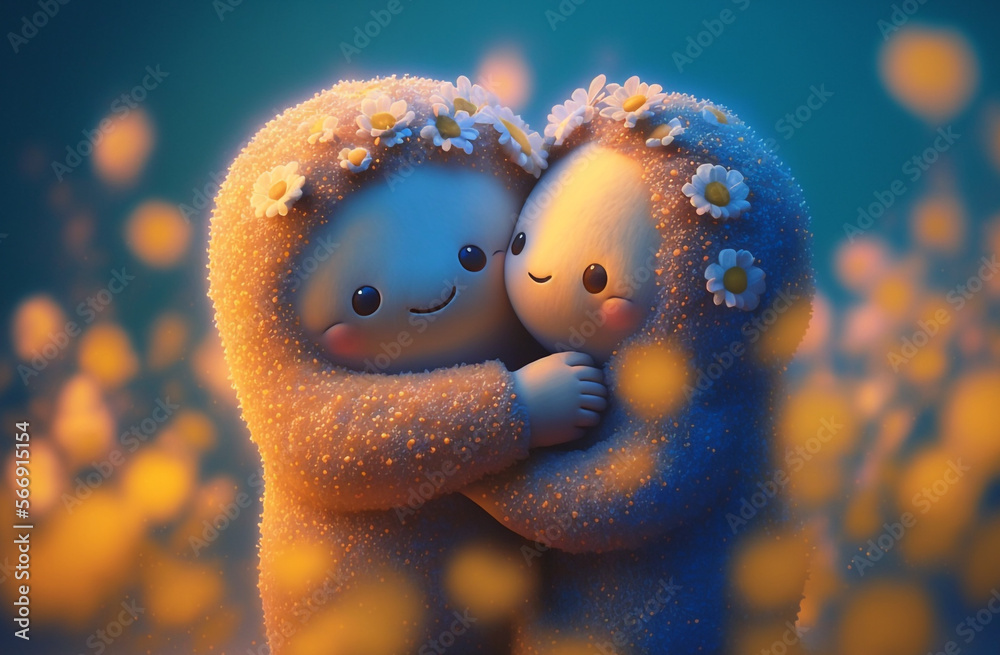 Two cute felt and rubber 3d render characters giving hugs to each ...