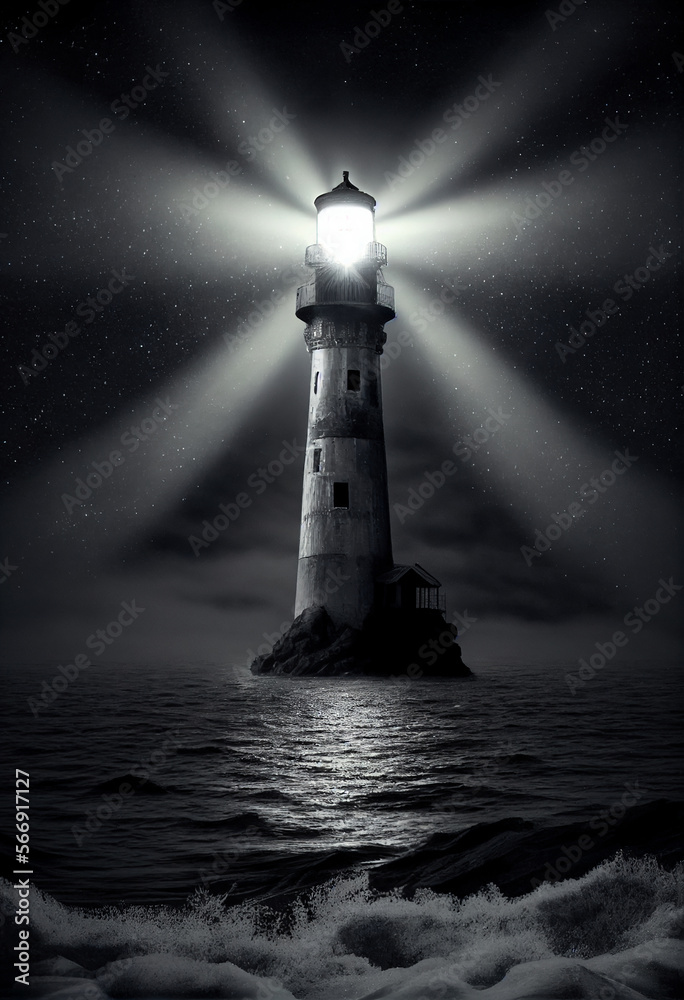 The Majestic Lighthouse Illuminates the Dark Night. Maritime and ...