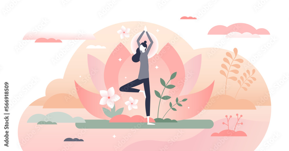 Holistic healing tree pose as calm mind mediation therapy tiny person ...