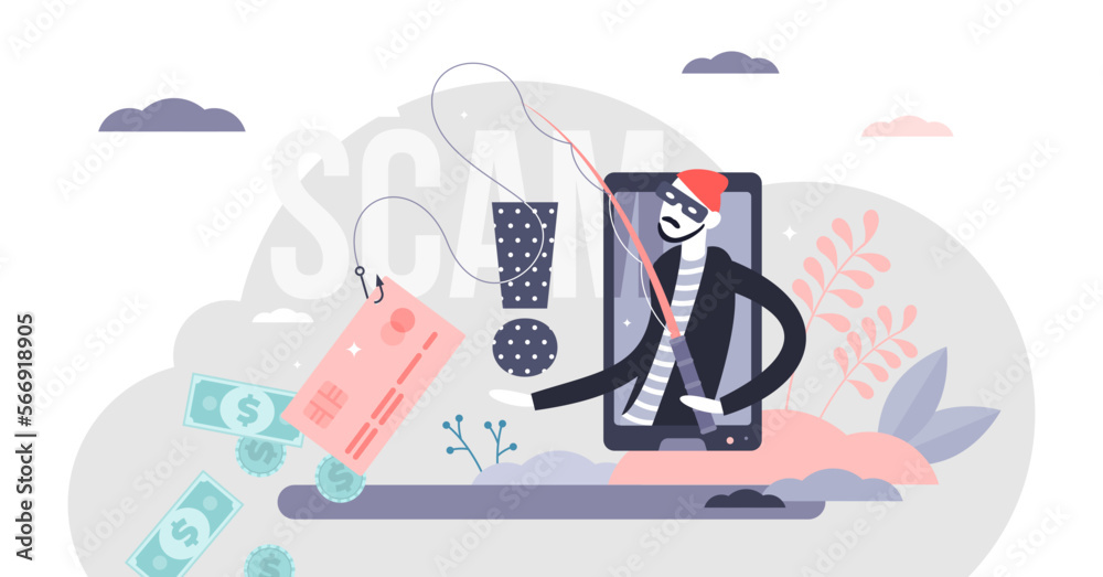 Scam illustration, transparent background. Hacker fraud alert in flat ...