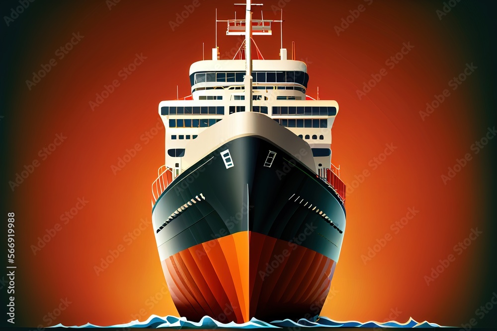 Cargo ship isolated on red background, front view, vector style ...
