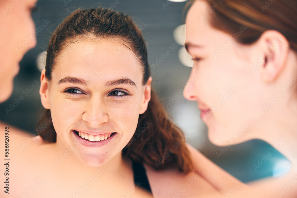 Happy, conversation and girl with friends at waterpolo training ...