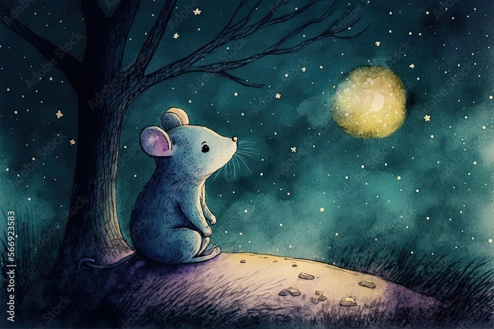 adorable mouse watching the night sky with a full moon, illustration ...