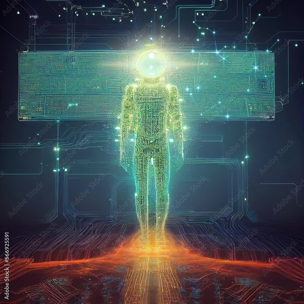 Cyborg enlightenment animated illustration, animation of glowing ...