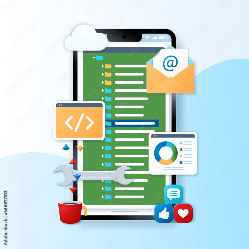 Mobile app development banner. Smartphone with coding symbols and ...