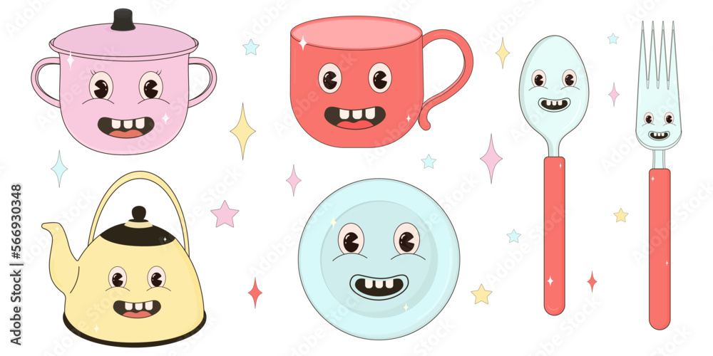 Set retro cartoon kitchenware characters.Kitchenware set.90s retro ...