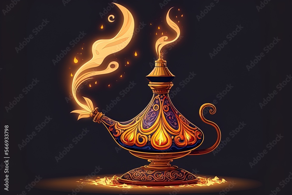 Cartoon depiction of the aladdin lamp's magical oil glow. Generative AI ...