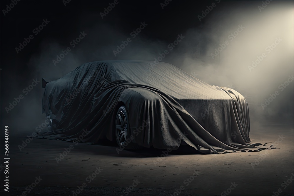 car covered in cloth on smoky background, generative ai composite Stock ...