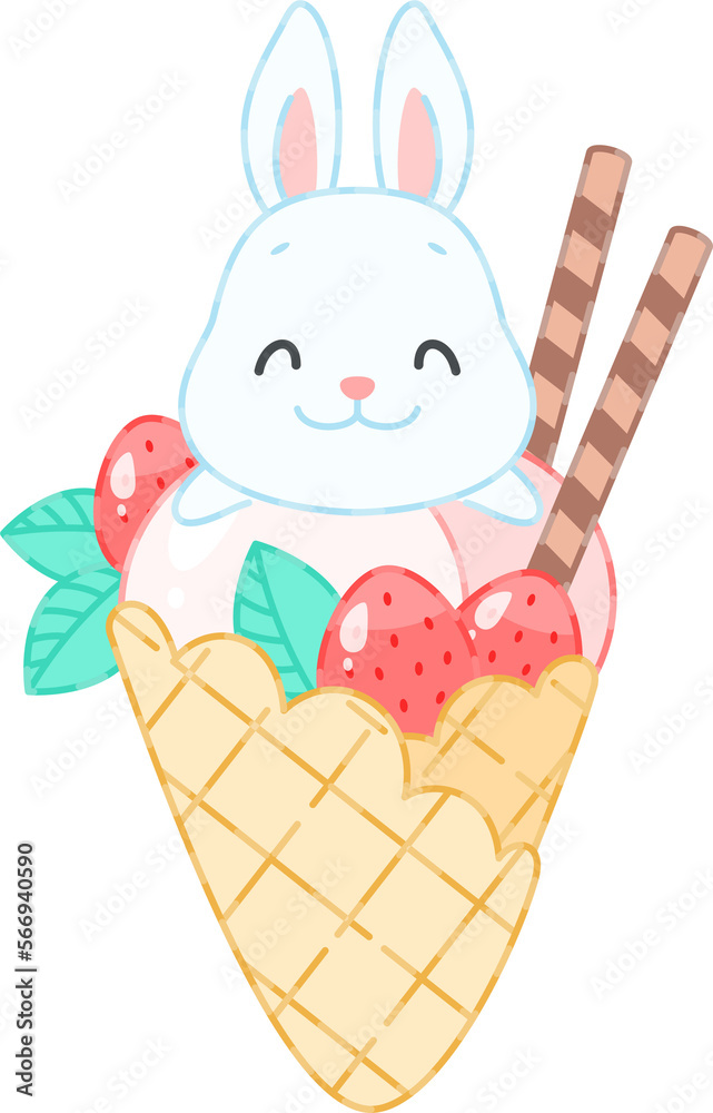 Cute bunny and a strawberry dessert. Flat cartoon illustration of a ...