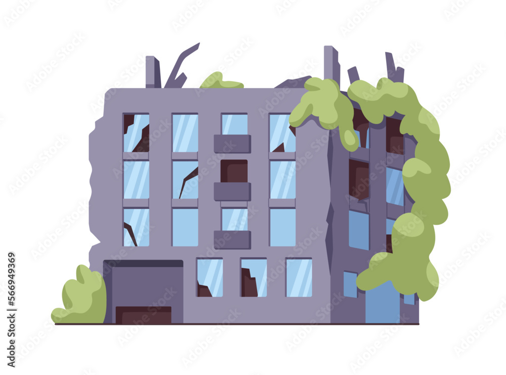 Abandoned damaged building. Destroyed ruined construction facade with ...