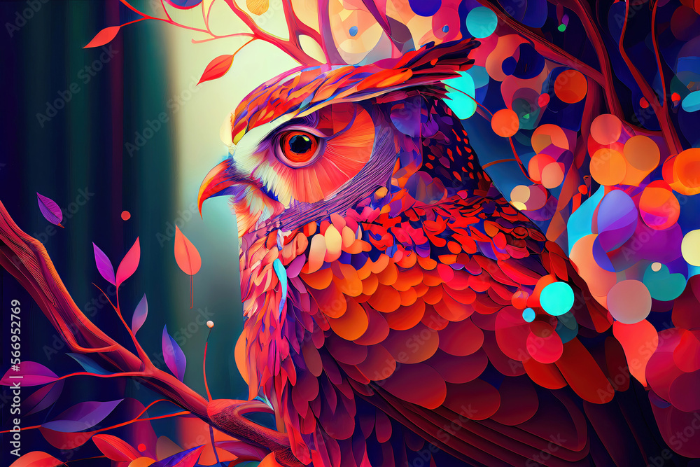 Abstract colorful owl in tree in forest as background illustration ...