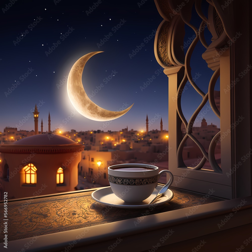 The crescent of the holy month of Ramadan at night, the concept of ...