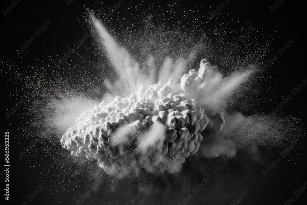 Strange white powder explosion cloud shapes against a dark background ...