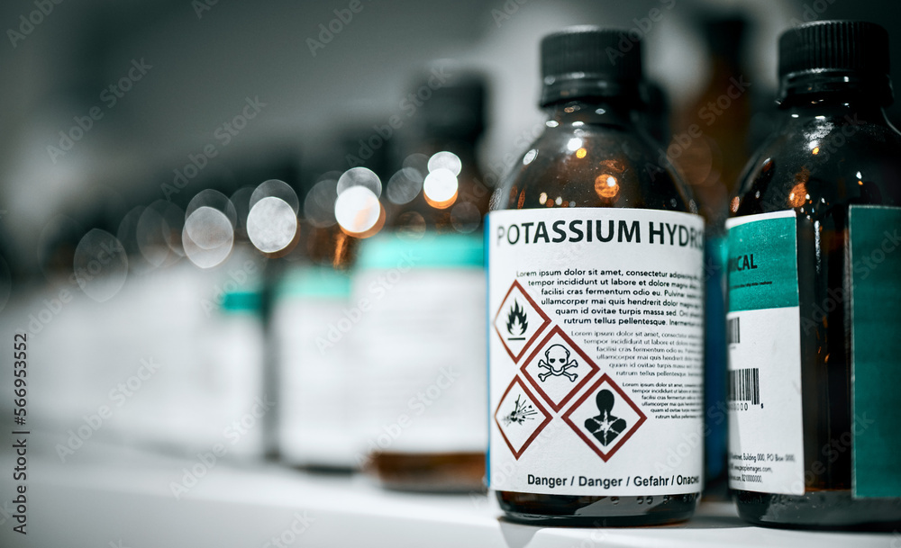 Science, pharmaceutical chemical and bottle on shelf in laboratory for ...