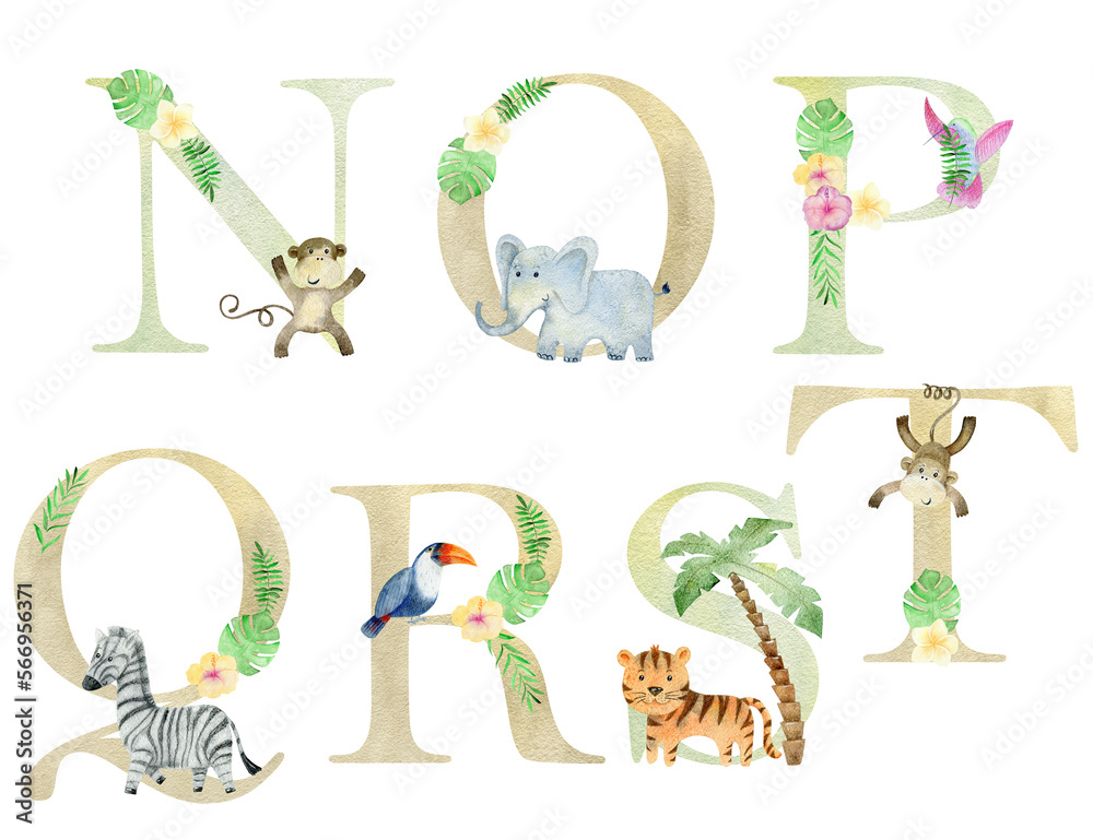 Watercolor cute safari animals letters for greeting card, nursery ...