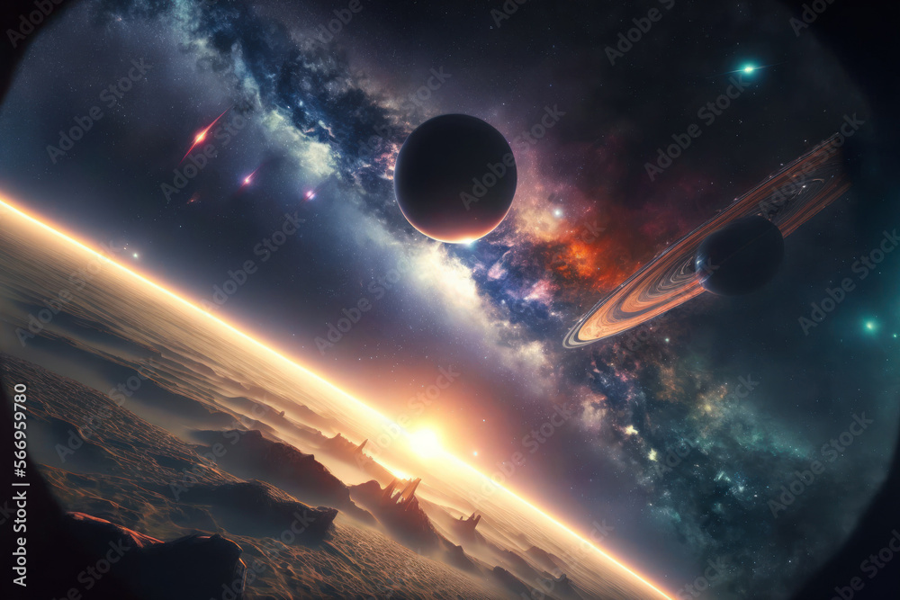 panoramic view of space. Stars, galaxies, and the universe with ...