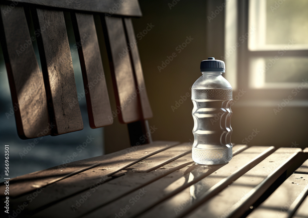 Water bottle on a bench in natural light. Sports drink. Energy drink ...