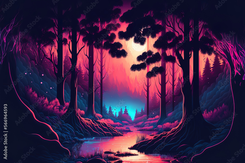 surreal, dreamlike landscape, a forest with a glowing, iridescent river ...