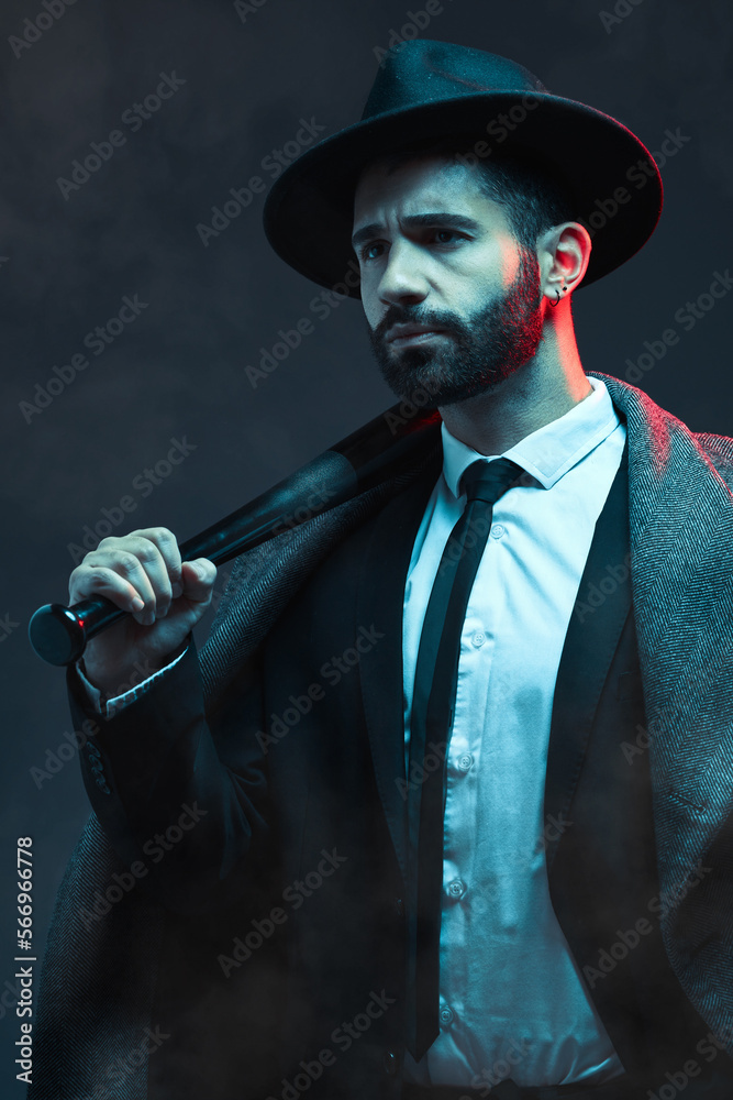 Fashion, criminal and man with bat for violence for vintage, retro and ...