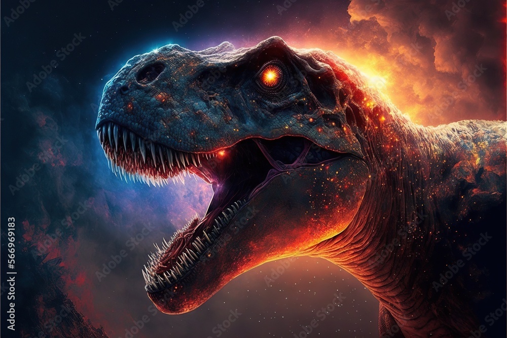 t-rex tyrannosaurus rex with blazing eyes in space, galaxy in ...