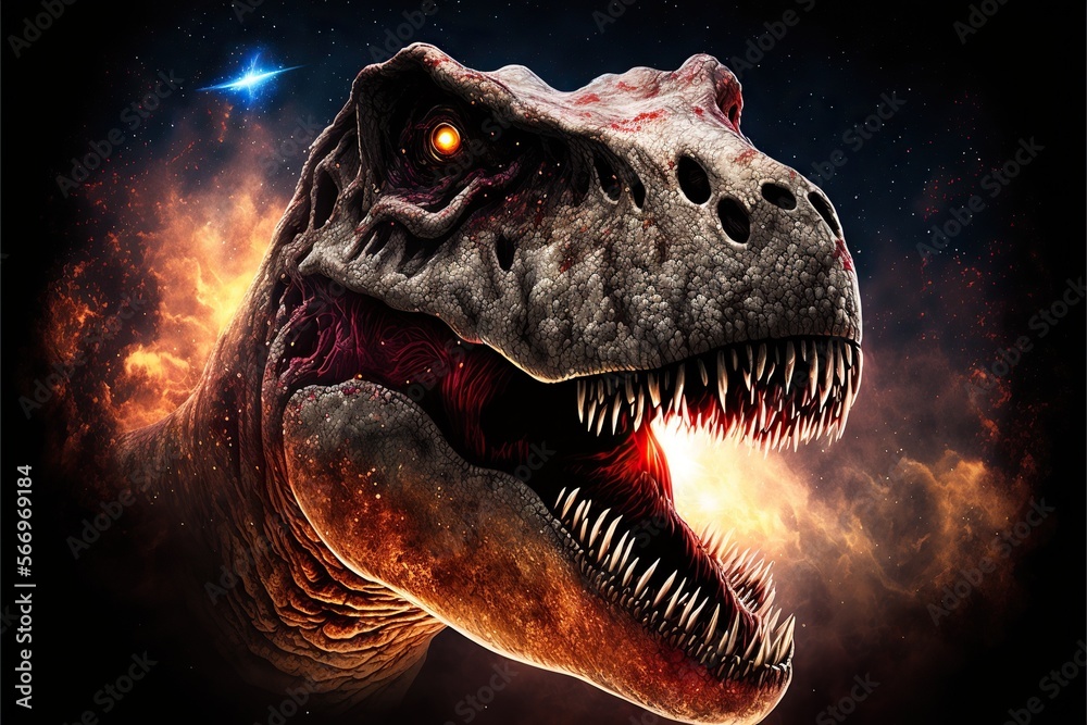 t-rex tyrannosaurus rex in space, galaxy in background illustration ...