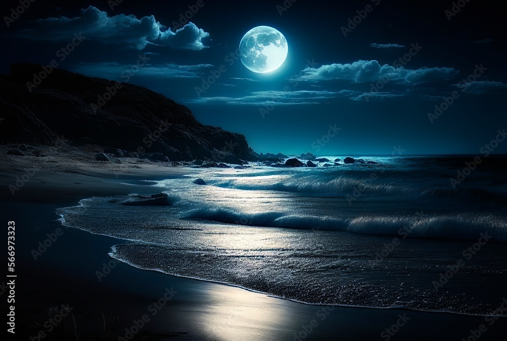 Beautiful night landscape of tropical beach with full moon in the ocean ...