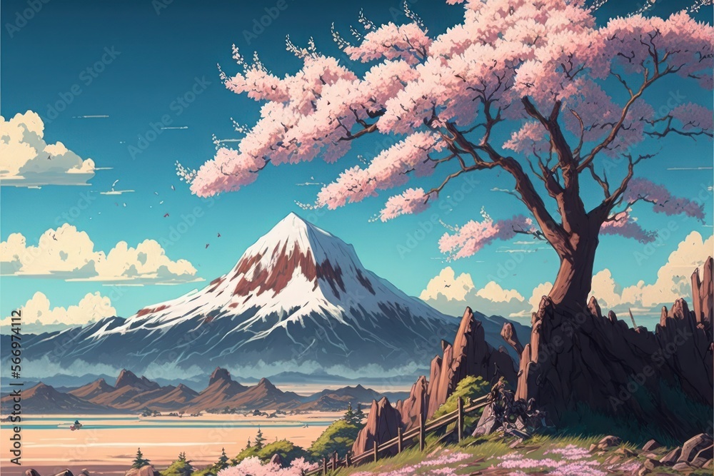 Japanese Snow-capped Mountain with Cherry Blossoms in Anime Style ...