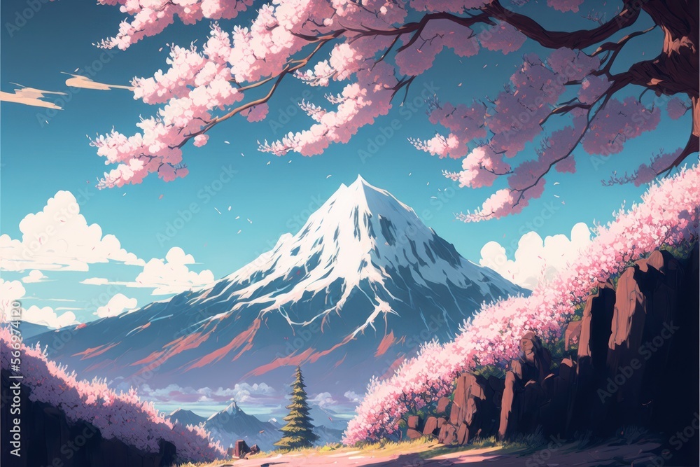 Japanese Snow-capped Mountain with Cherry Blossoms in Anime Style ...