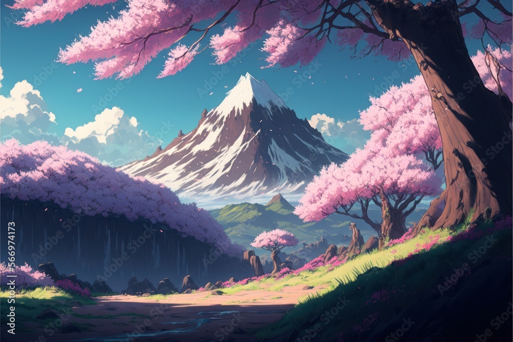 Japanese Snow-capped Mountain with Cherry Blossoms in Anime Style ...